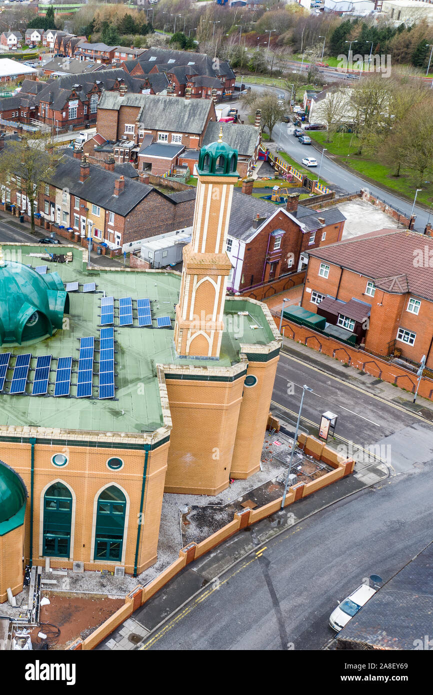 Aerial view, landscape of Gilani Noor Mosque in Longton, Stoke on Trent ...