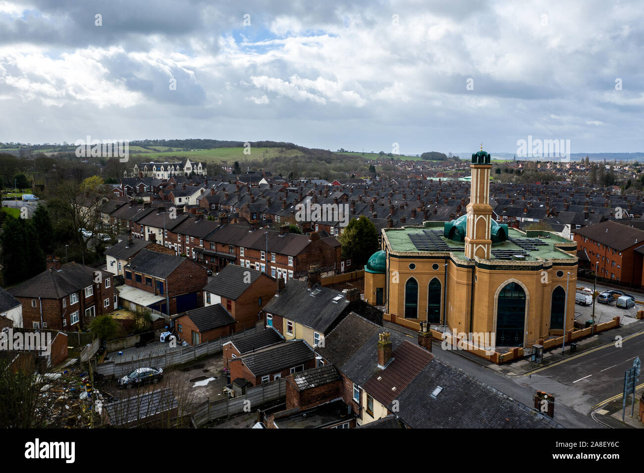 Aerial view, landscape of Gilani Noor Mosque in Longton, Stoke on Trent ...