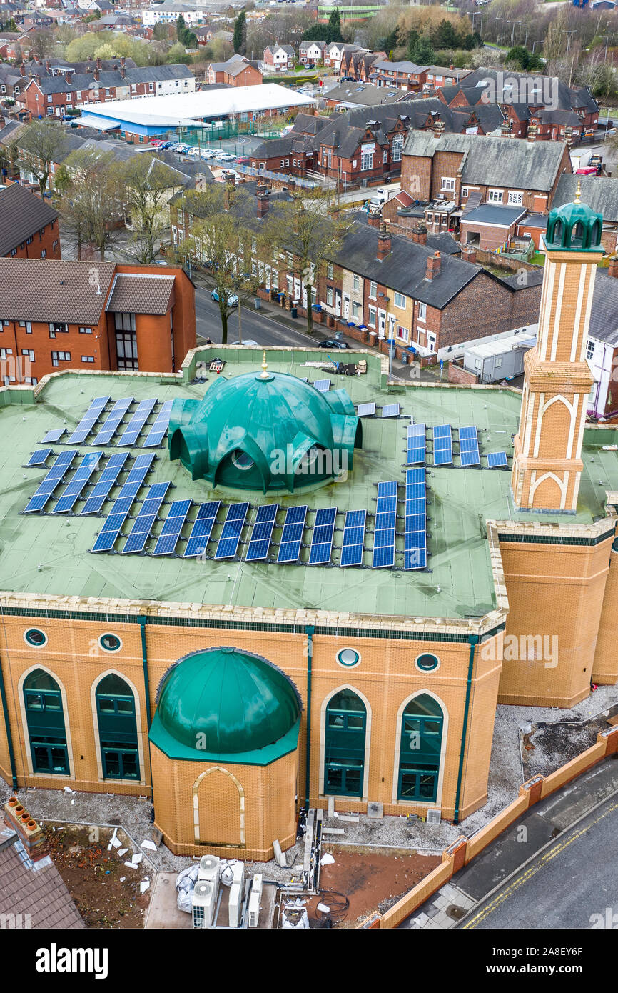 Aerial view, landscape of Gilani Noor Mosque in Longton, Stoke on Trent ...