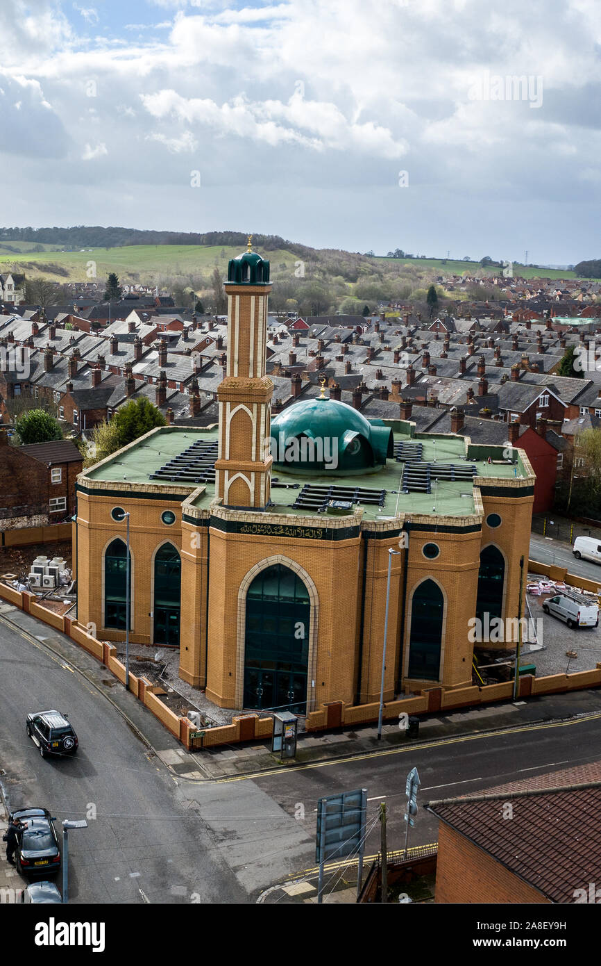 Aerial view, landscape of Gilani Noor Mosque in Longton, Stoke on Trent ...