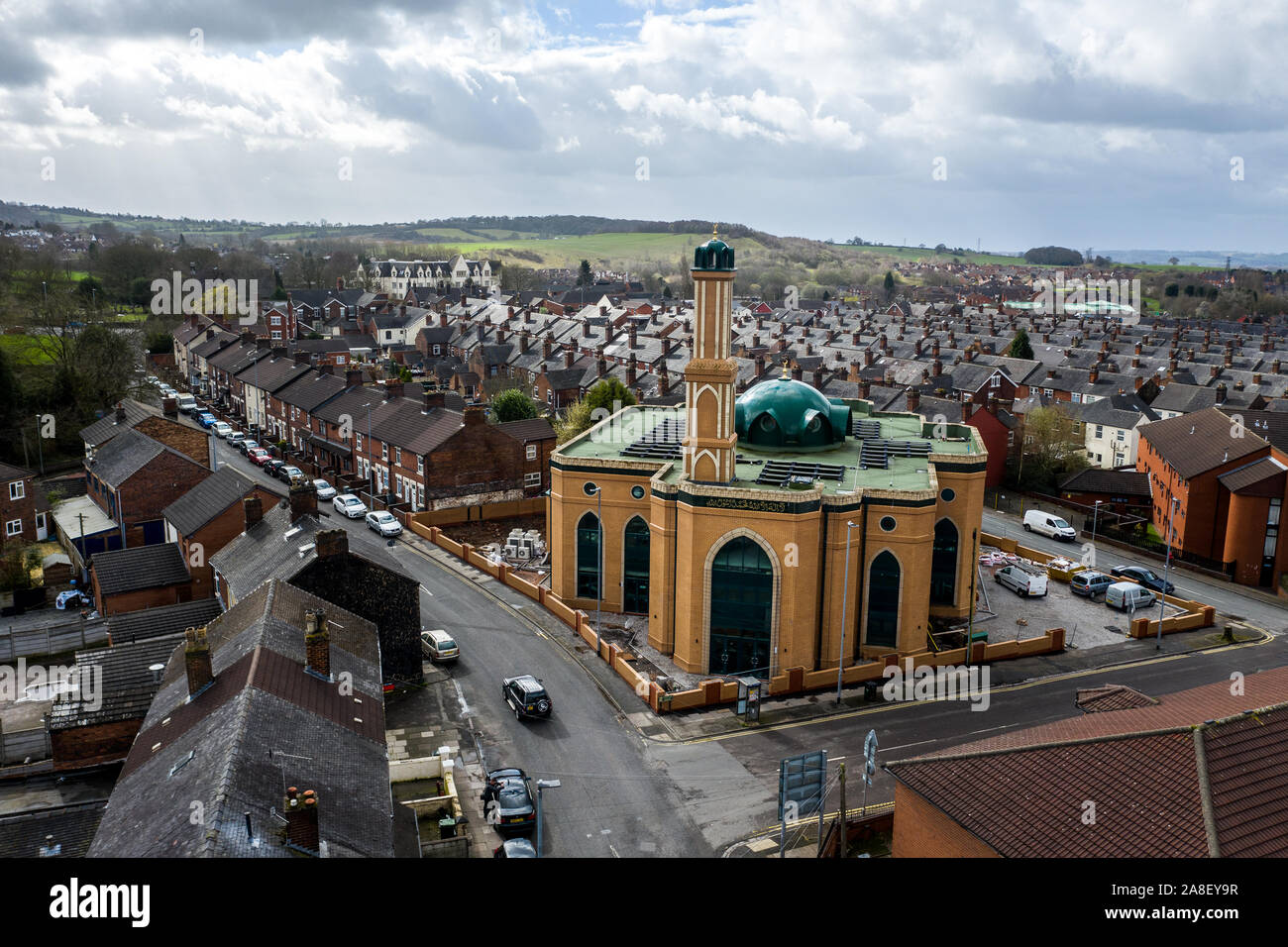 Aerial view, landscape of Gilani Noor Mosque in Longton, Stoke on Trent ...