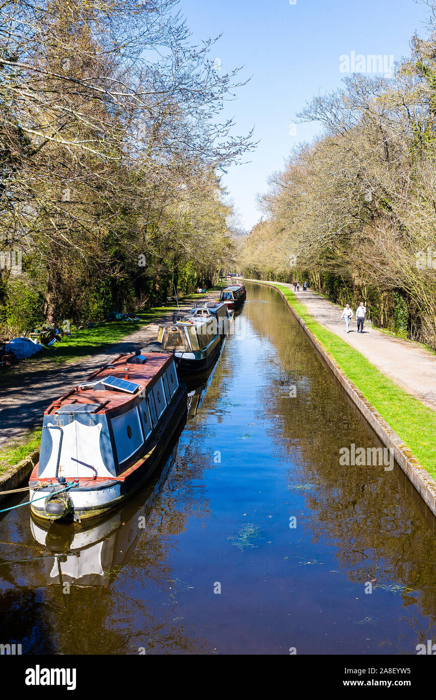 Aerial, overhead view of Narrow boats, canal boats heading down to the ...