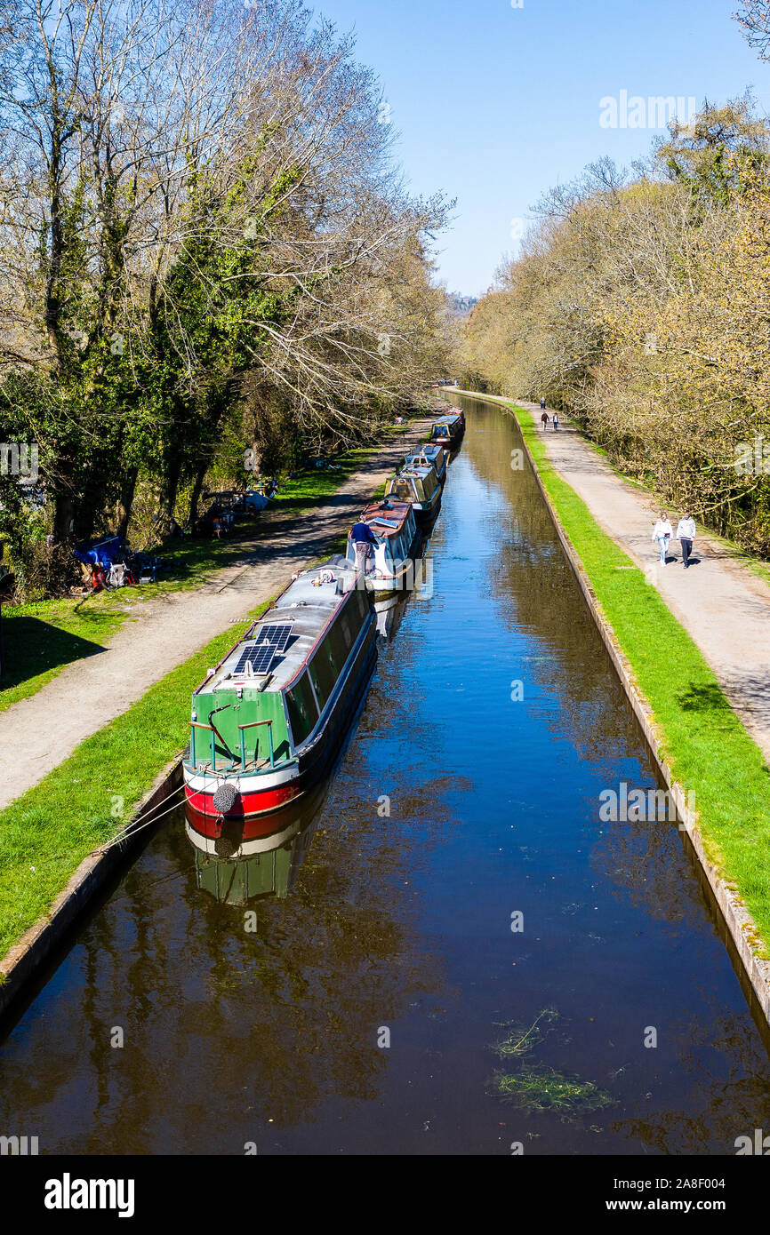 Aerial, overhead view of Narrow boats, canal boats heading down to the ...