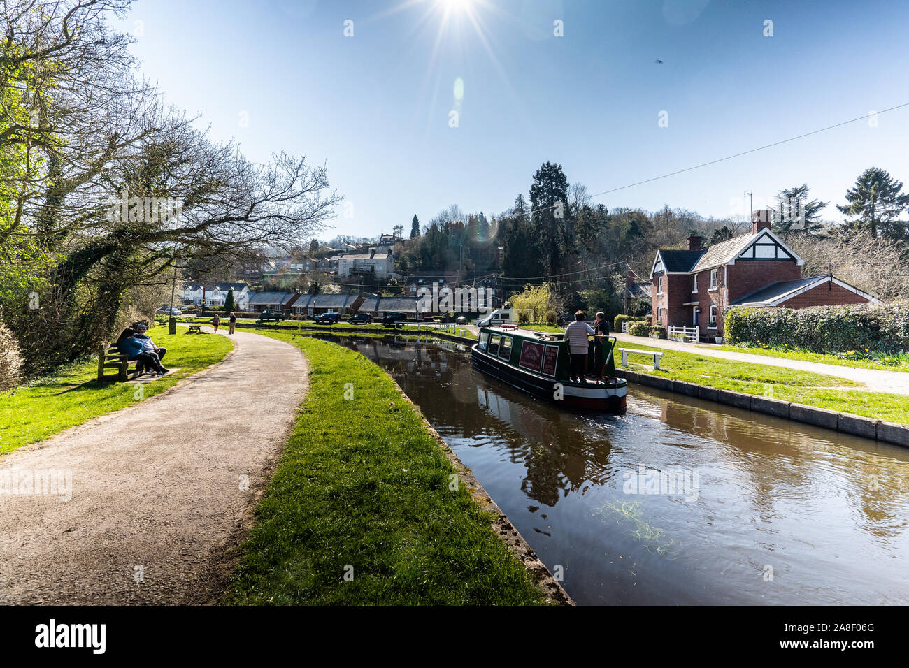 Aerial, overhead view of Narrow boats, canal boats heading down to the ...