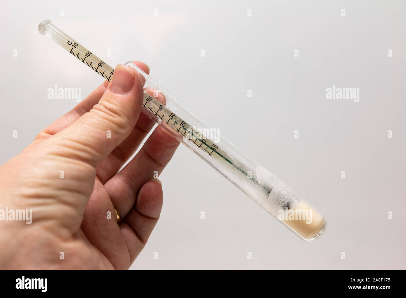 stearic acid in a test tube with a thermometer being held by a ...