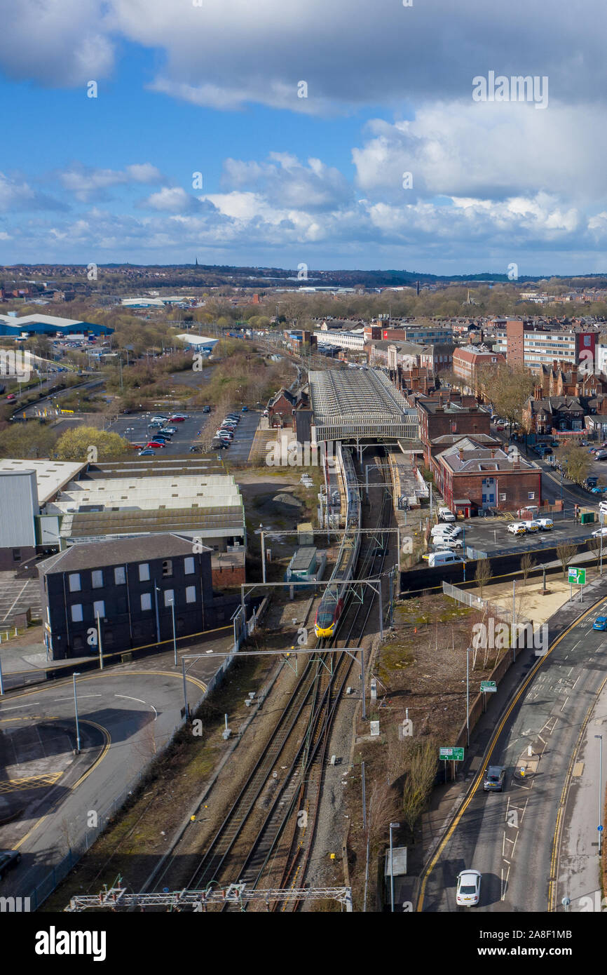 Aerial view of Stoke on Trent train station on a warm day shortly after ...