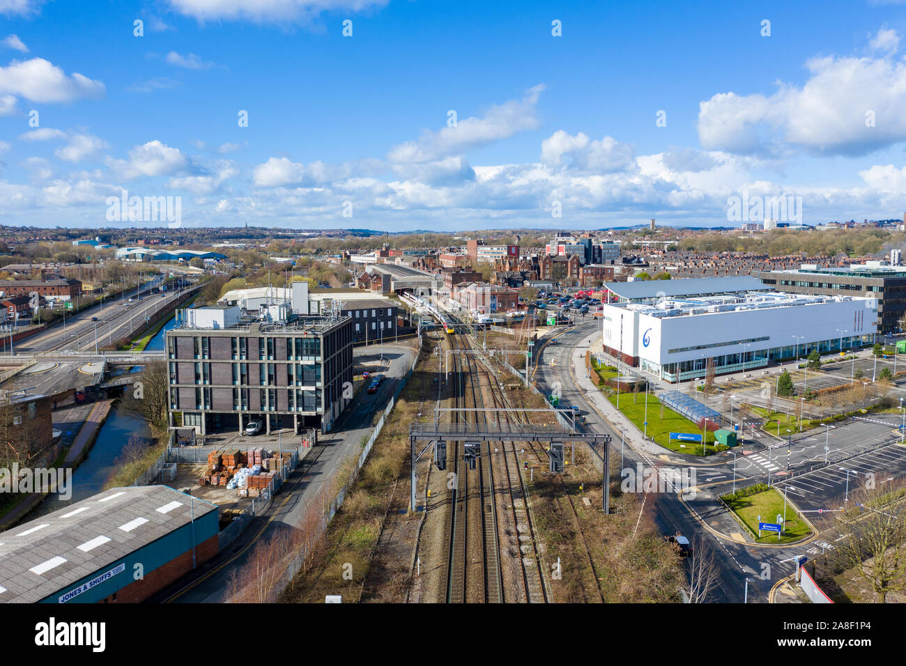 Aerial view of Stoke on Trent train station on a warm day shortly after ...