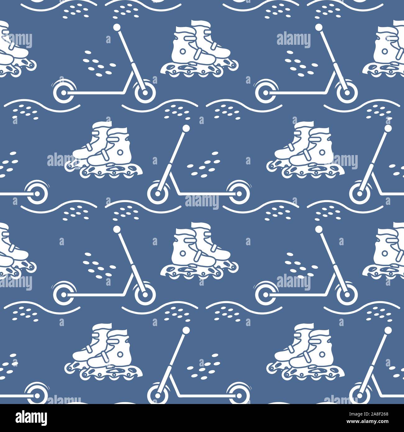 Vector seamless pattern with rollers, kick scooter. Athletic, healthy ...