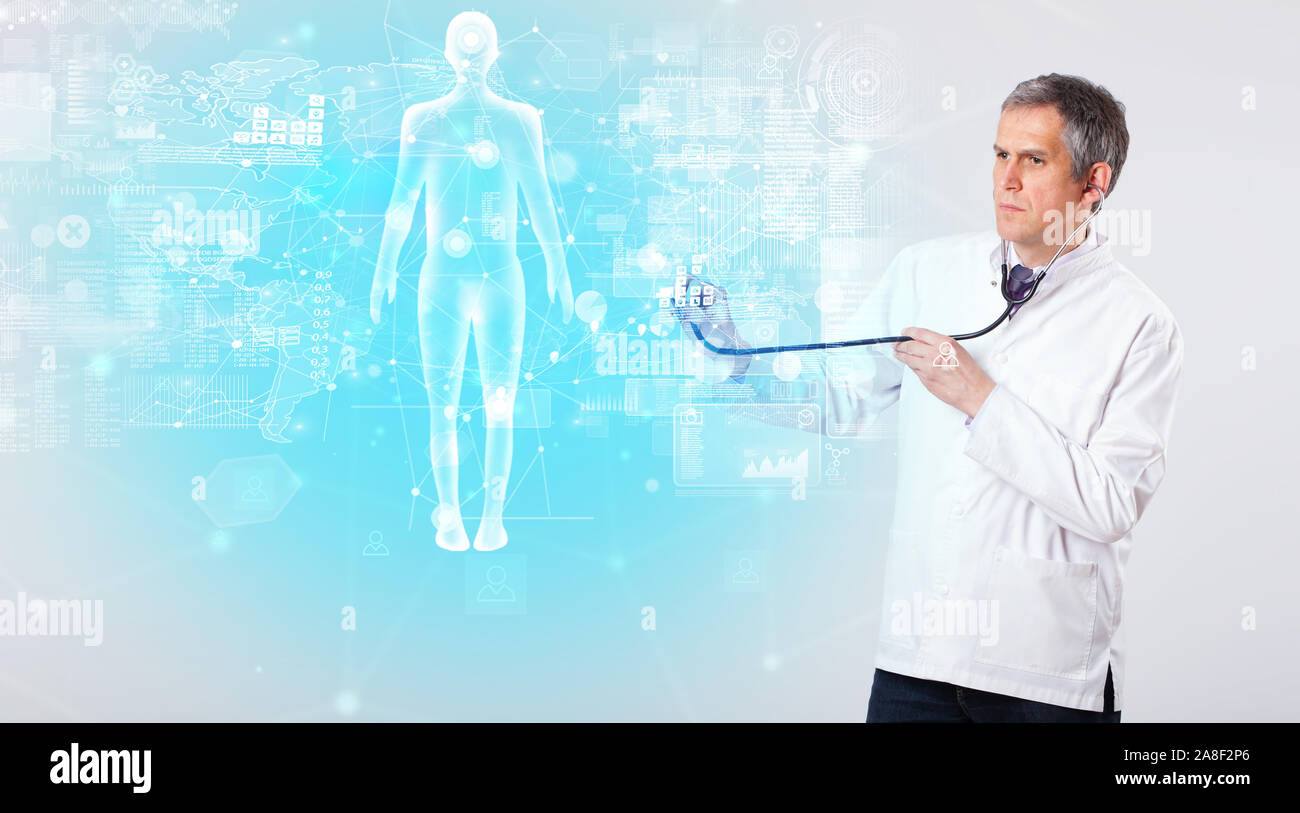 Middle aged scientist with full body map concept Stock Photo - Alamy