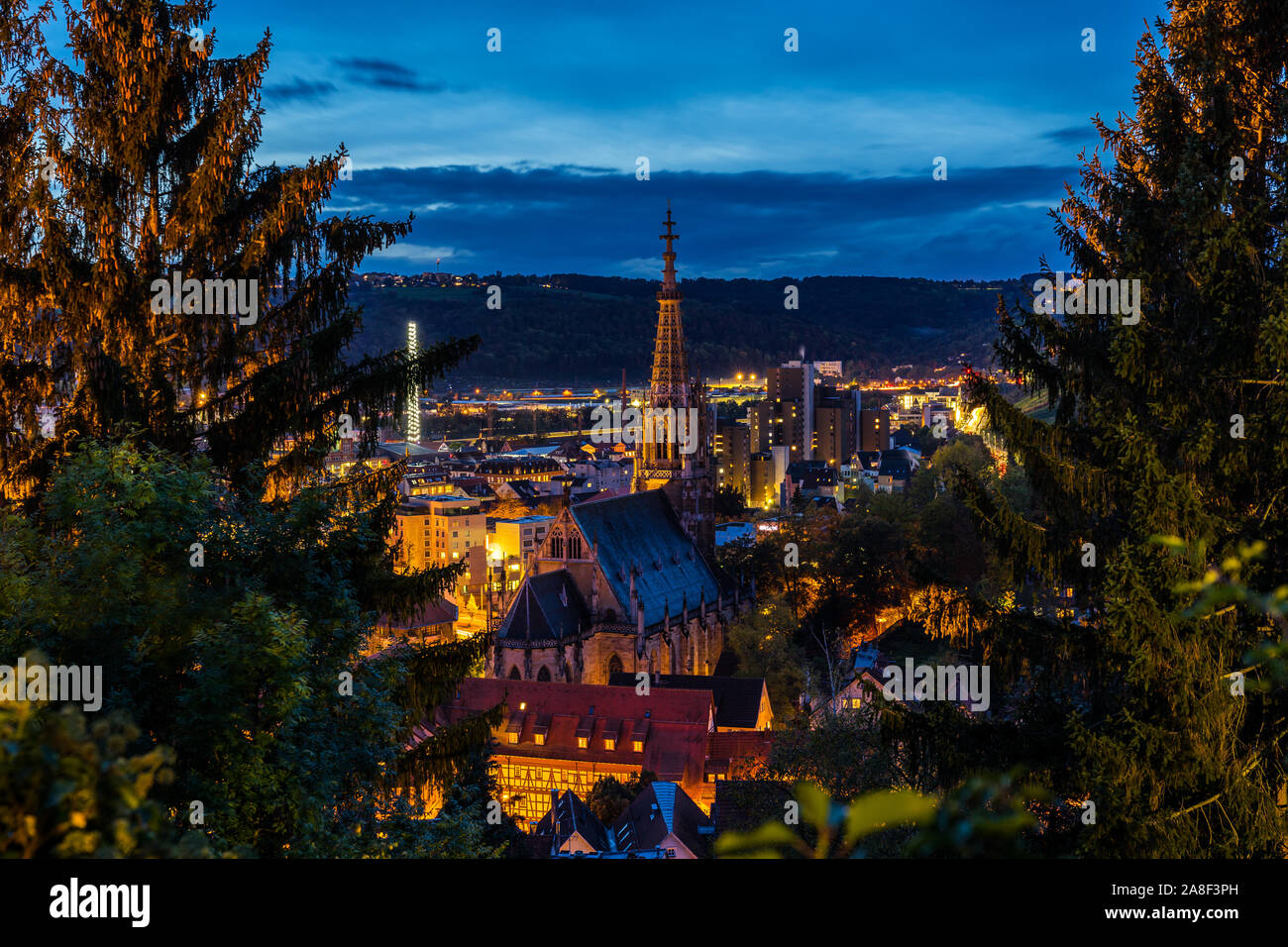 Germany, Aerial view above houses and frauenkirche church skyline of ...