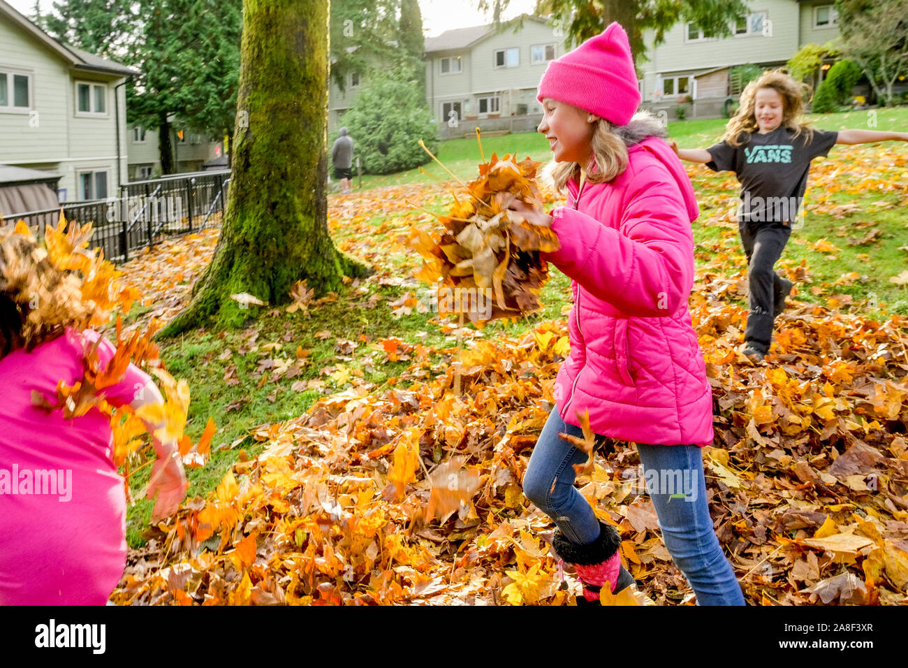 Kids playing in fall leaves hi-res stock photography and images - Alamy