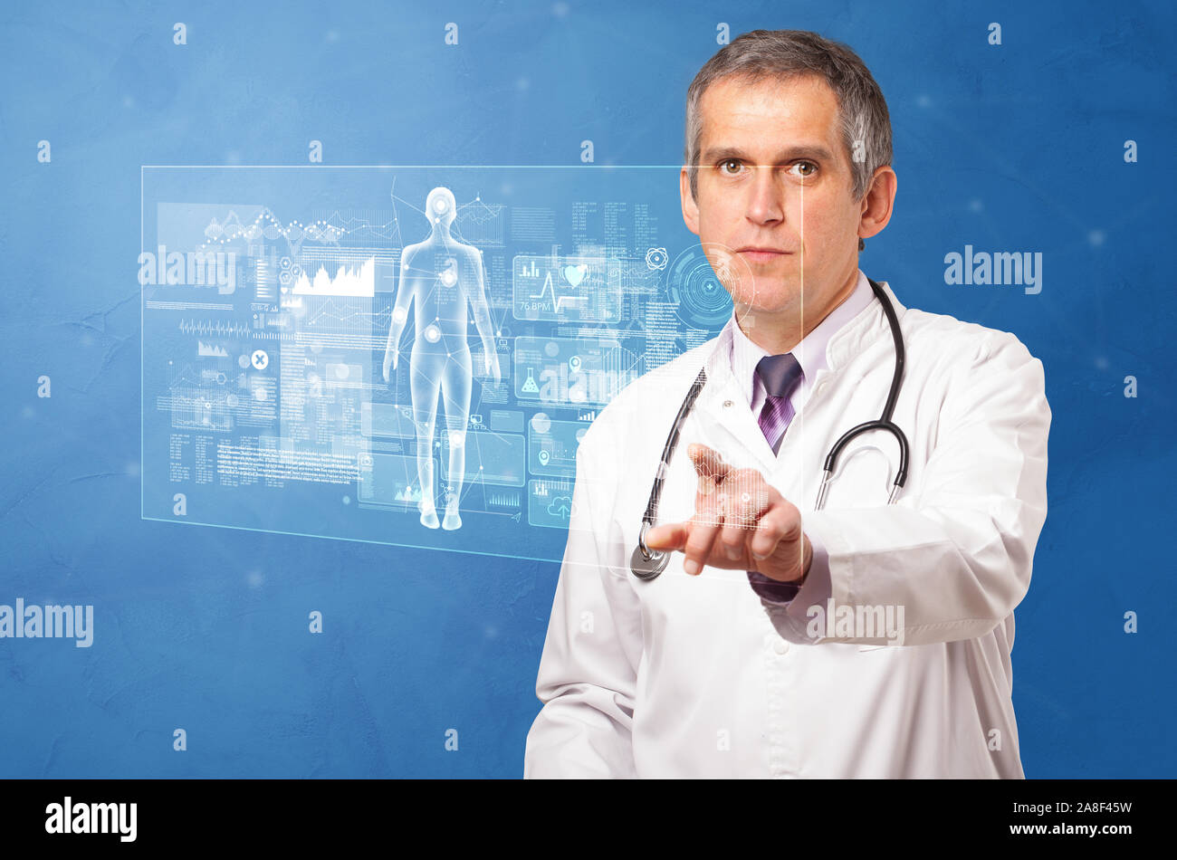 Doctor touching blue screen with full body analyze concept Stock Photo ...