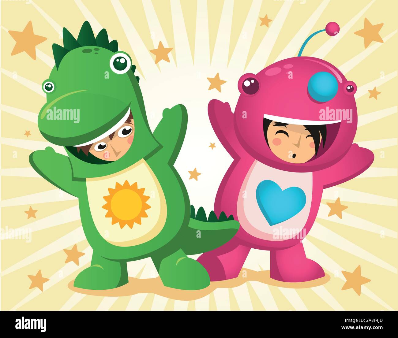 Children dressed up with dinosaur garment mascot Stock Vector Image ...