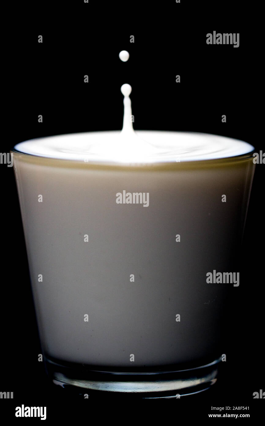 Milk drop falling in a full glass of milk on a black background Stock ...