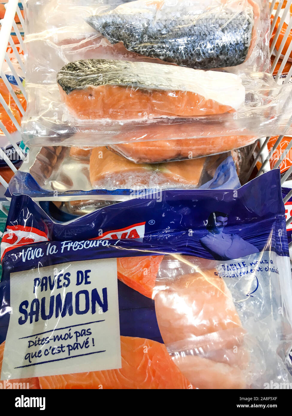 Frozen cut pieces of salmon fish under plastic package, Lyon, France ...