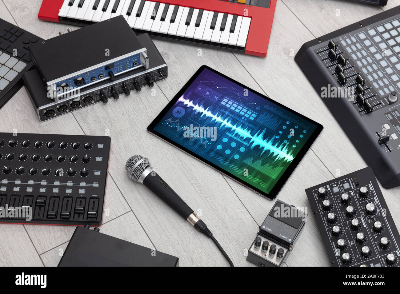 Music instruments and tablet with recording sound concept Stock Photo ...