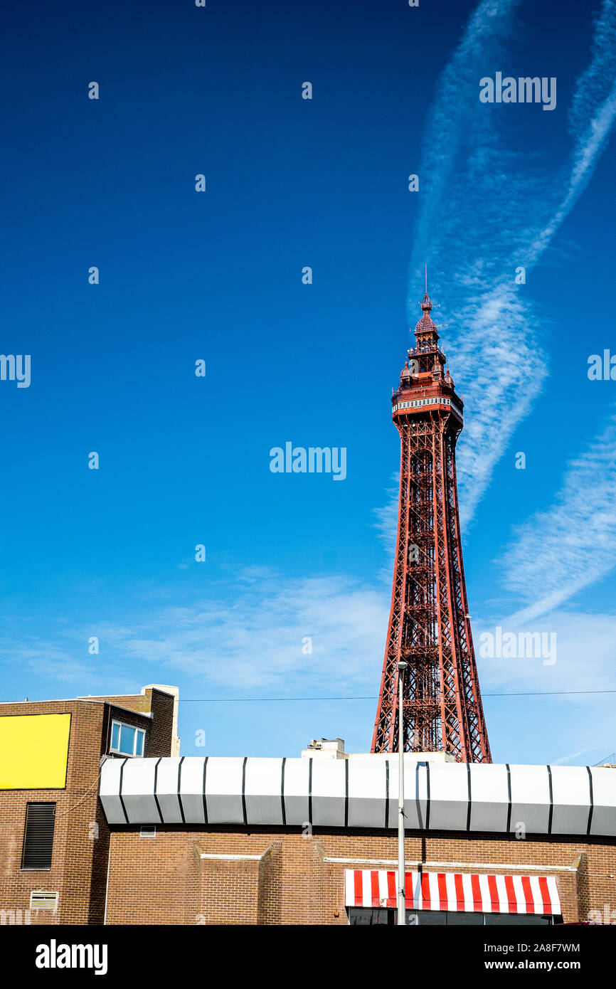 The world famous Blackpool Tower and beach surrounded by hotels, pubs ...