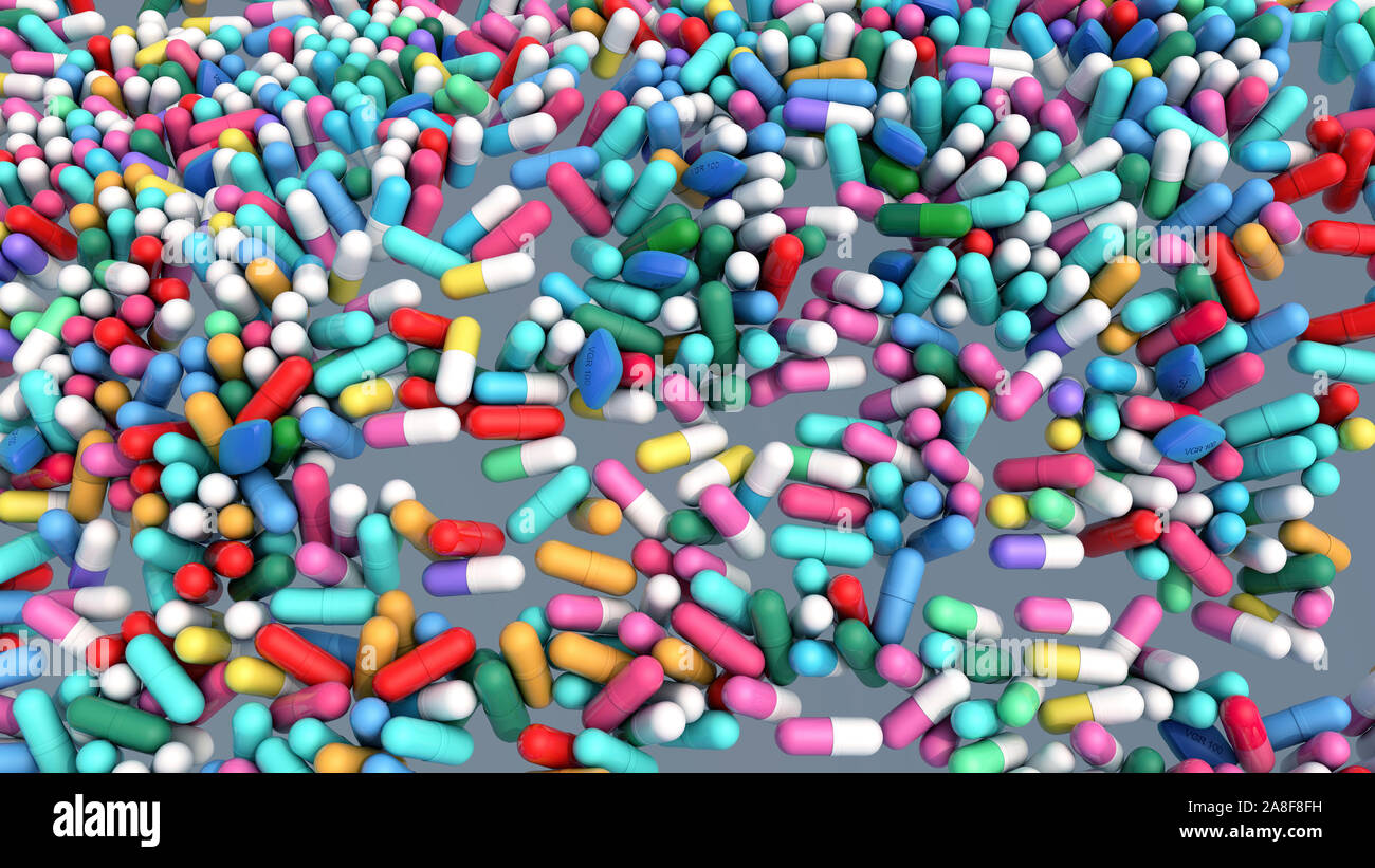 Multicoloured drug capsules, illustration Stock Photo - Alamy