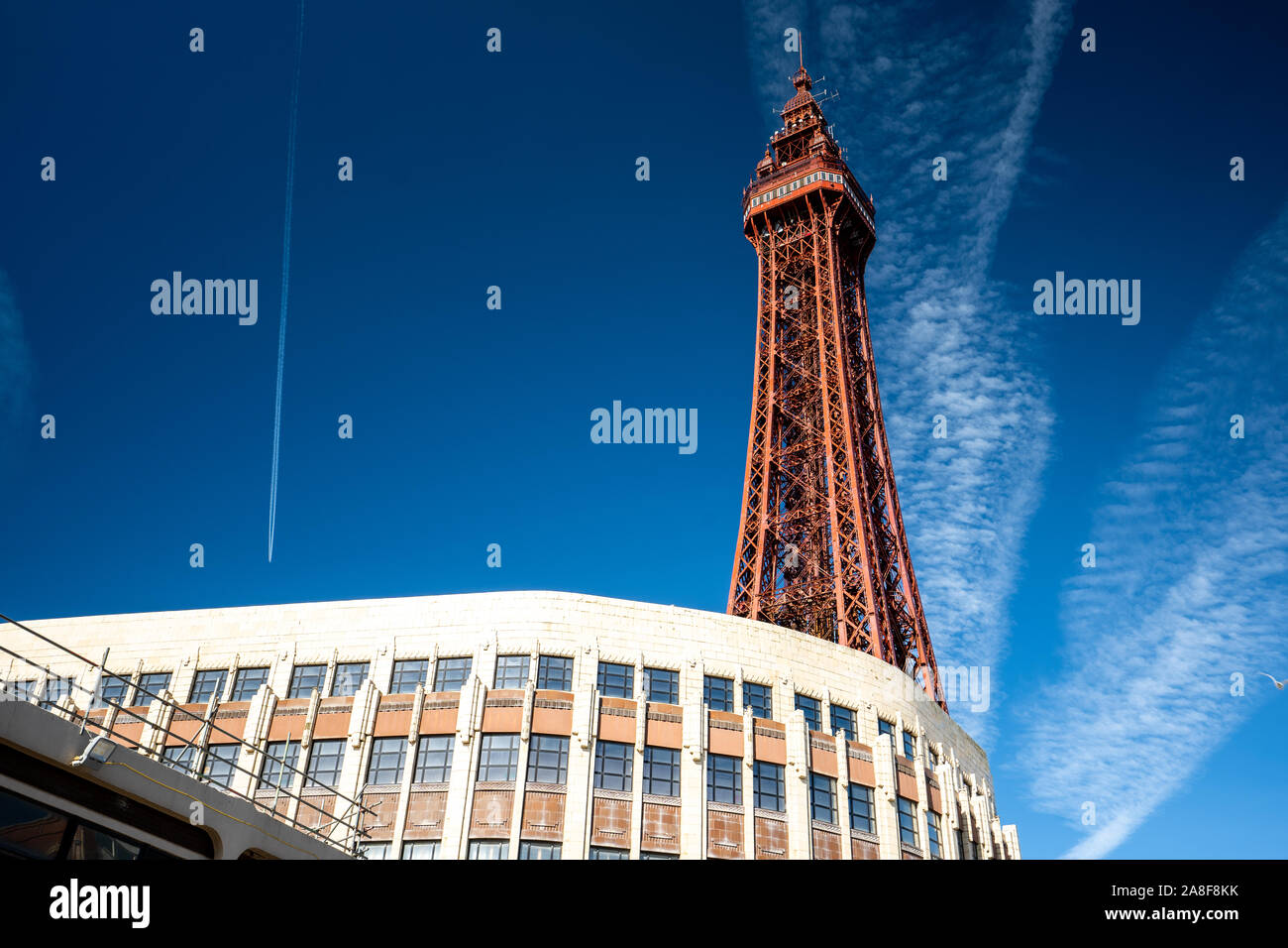 The world famous Blackpool Tower and beach surrounded by hotels, pubs ...