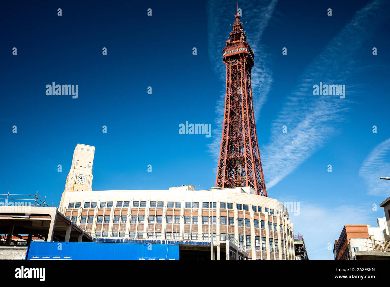 The world famous Blackpool Tower and beach surrounded by hotels, pubs ...