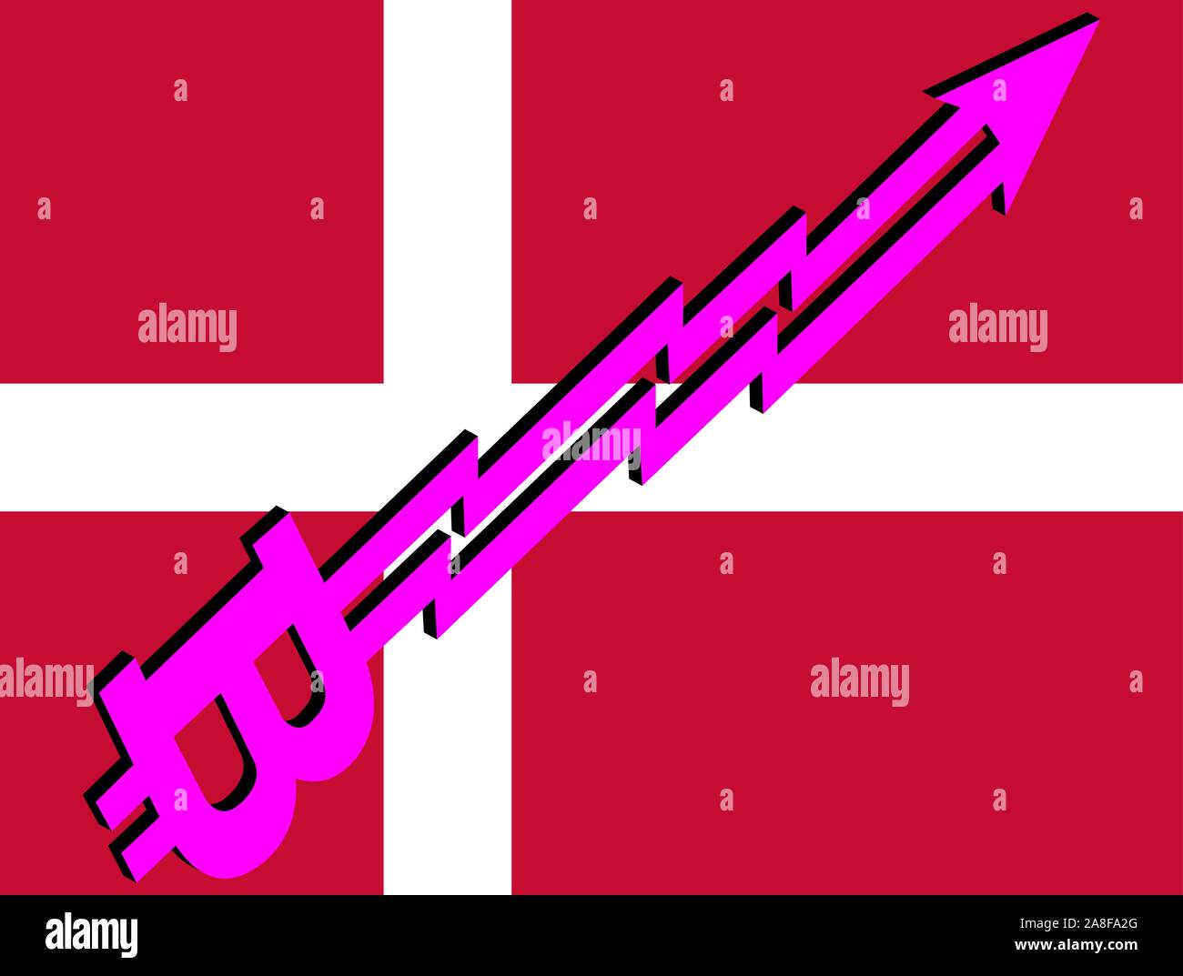 Flag of Denmark and bitcoin arrow graph going up.Vector illustration ...