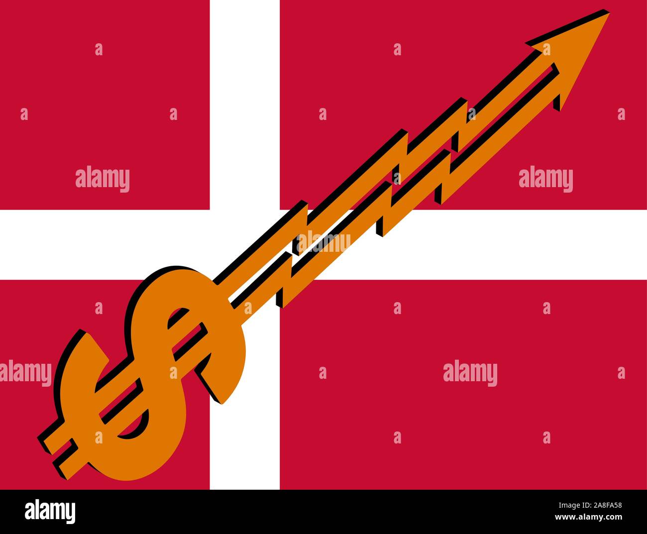 Flag of Denmark and dollar sign arrow graph going up. Vector ...