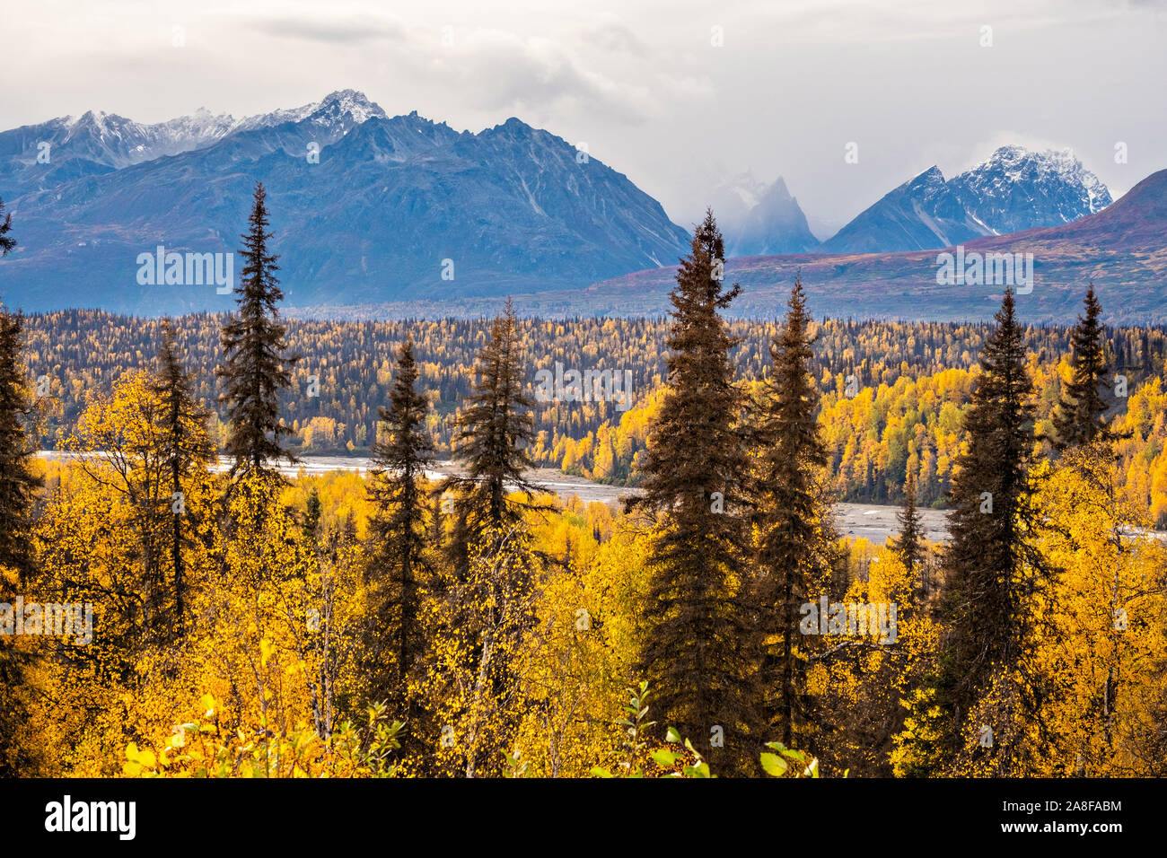 Termination dust, early snow, falls over the Alaska Range of mountains ...