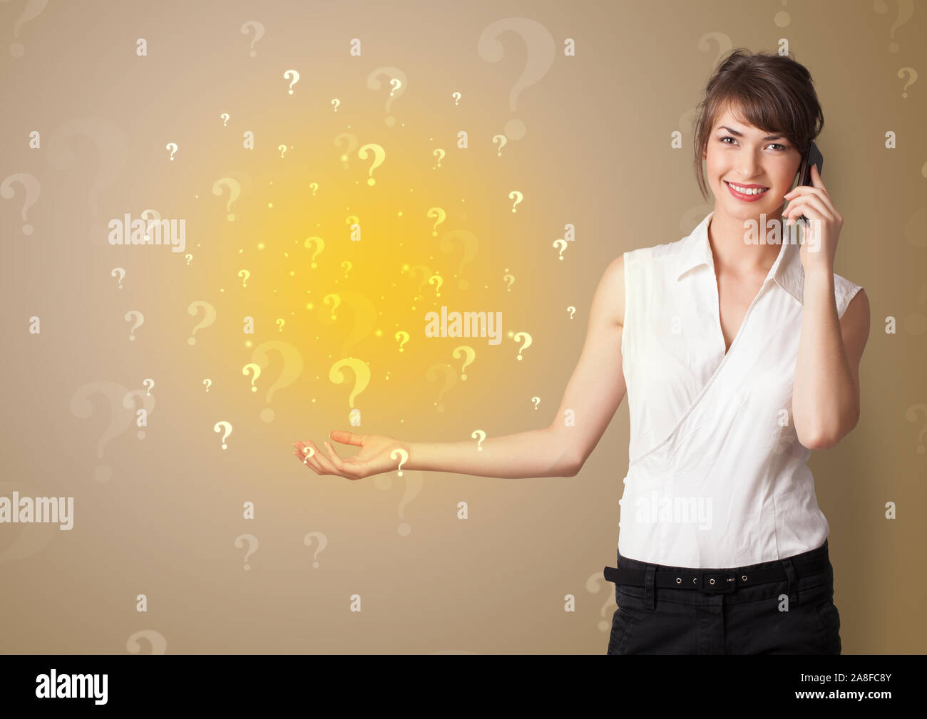 Young person presenting something with question sign concept Stock ...