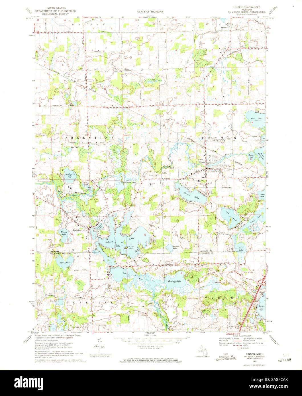 USGS TOPO Map Michigan MI Linden 276539 1969 24000 Stock Photo - Alamy