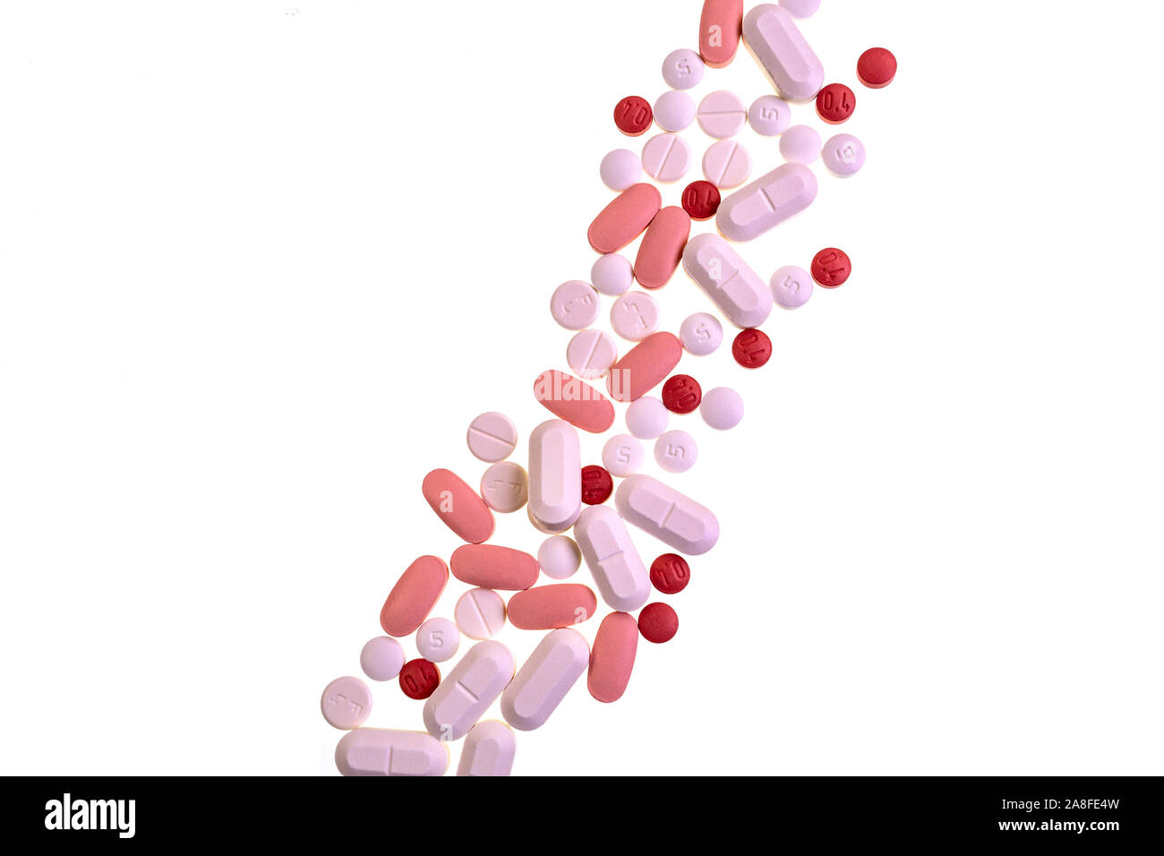 Different types, shapes and colours of medication tablets with writing ...
