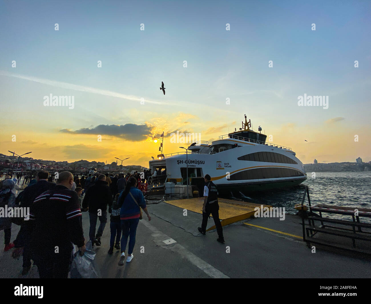 October 30, 2019. Passengers on ferry ride left. People traveling by ...