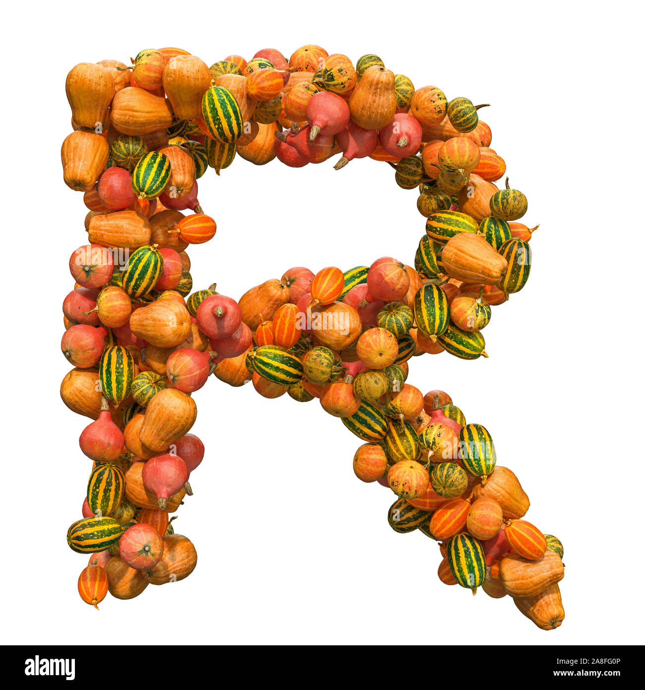 Pumpkins font, letter R from squashes. 3D rendering isolated on white ...