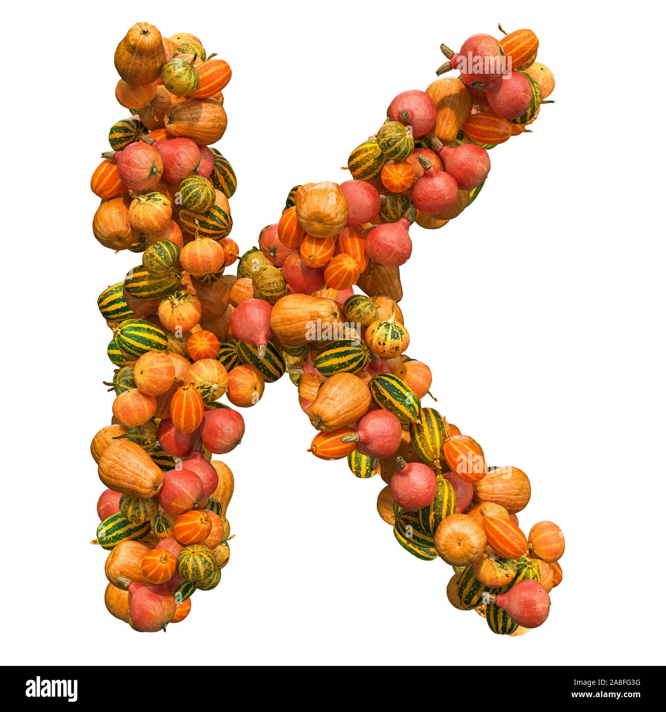 Pumpkins font, letter K from squashes. 3D rendering isolated on white ...
