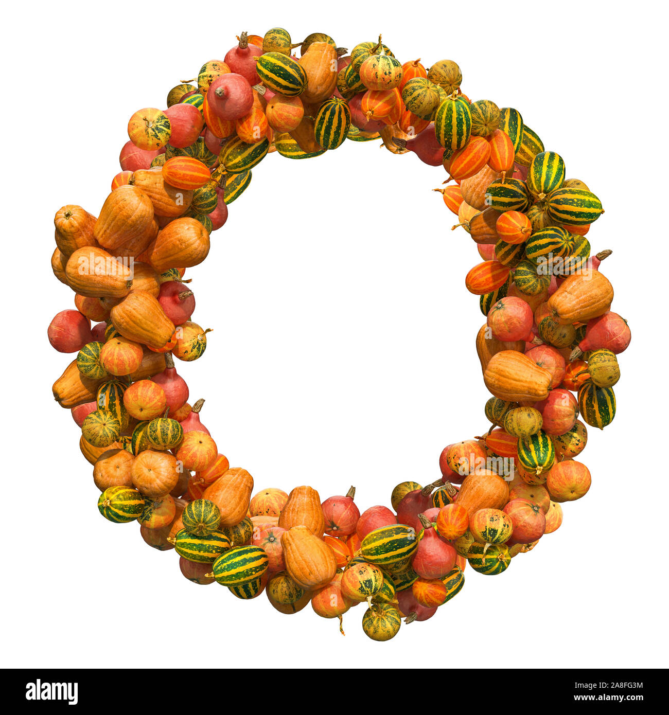 Pumpkins font, letter O from squashes. 3D rendering isolated on white ...