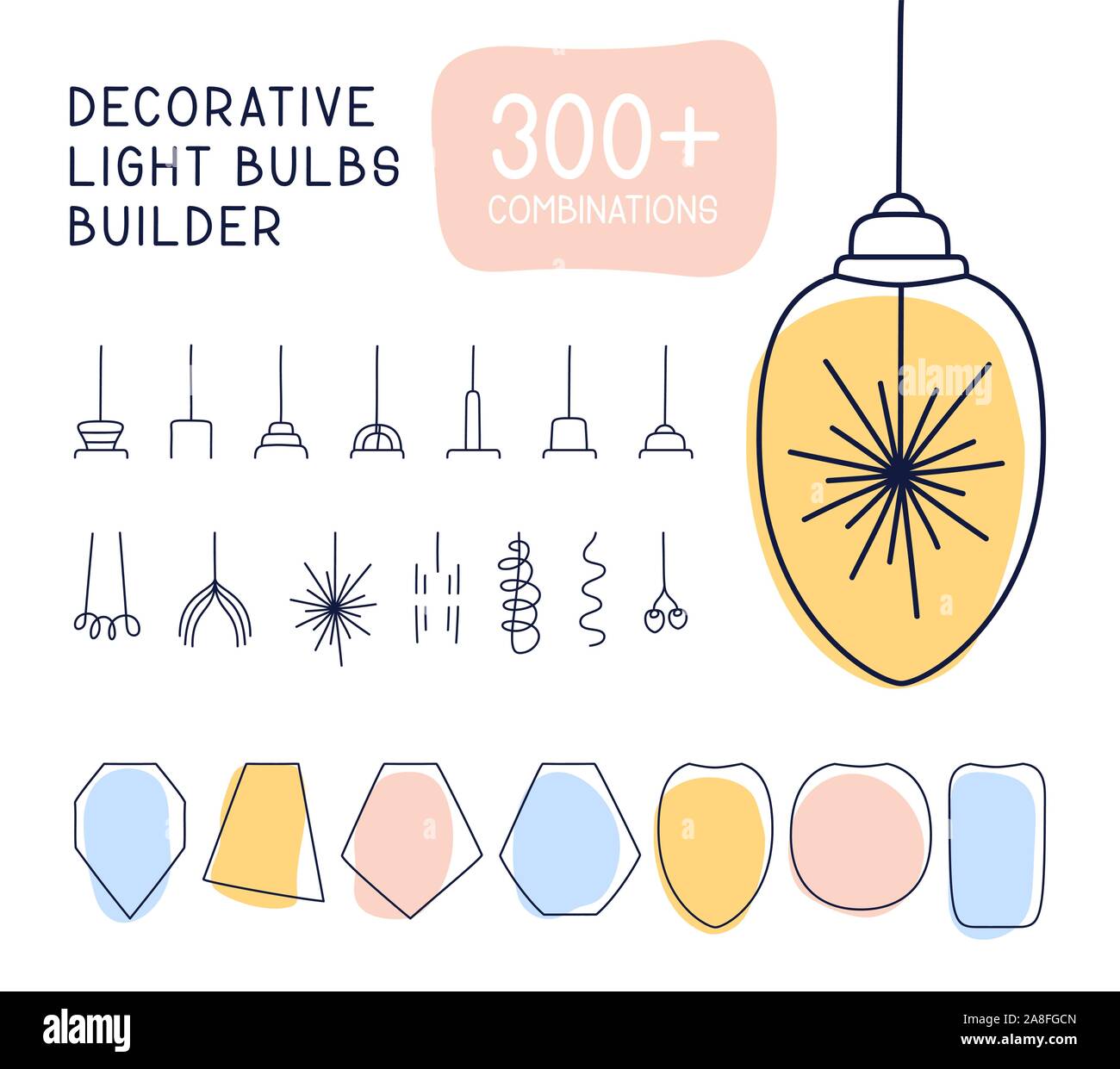 Vector decorative light loft bulbs in doodle style builder. mega collection set hand drawn ...