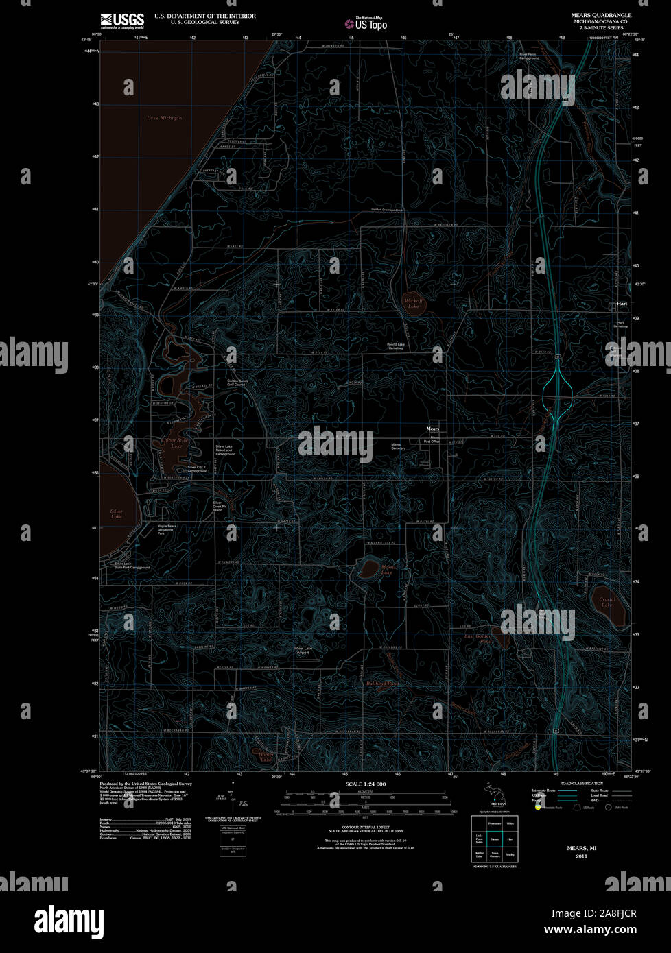 USGS TOPO Map Michigan MI Mears 20110923 TM Inverted Stock Photo - Alamy