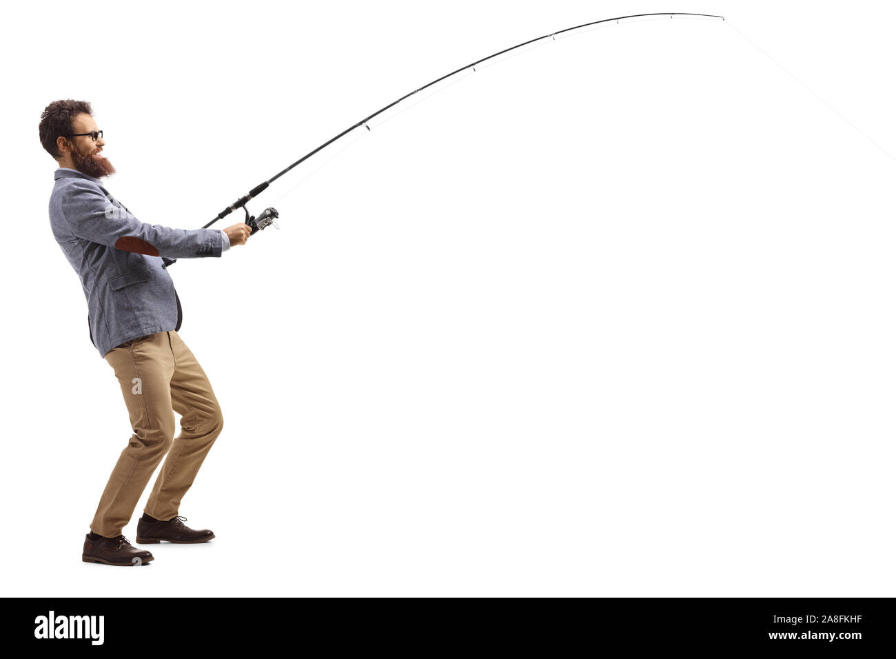 Full length profile shot of a casual man pulling a fishing rod isolated ...