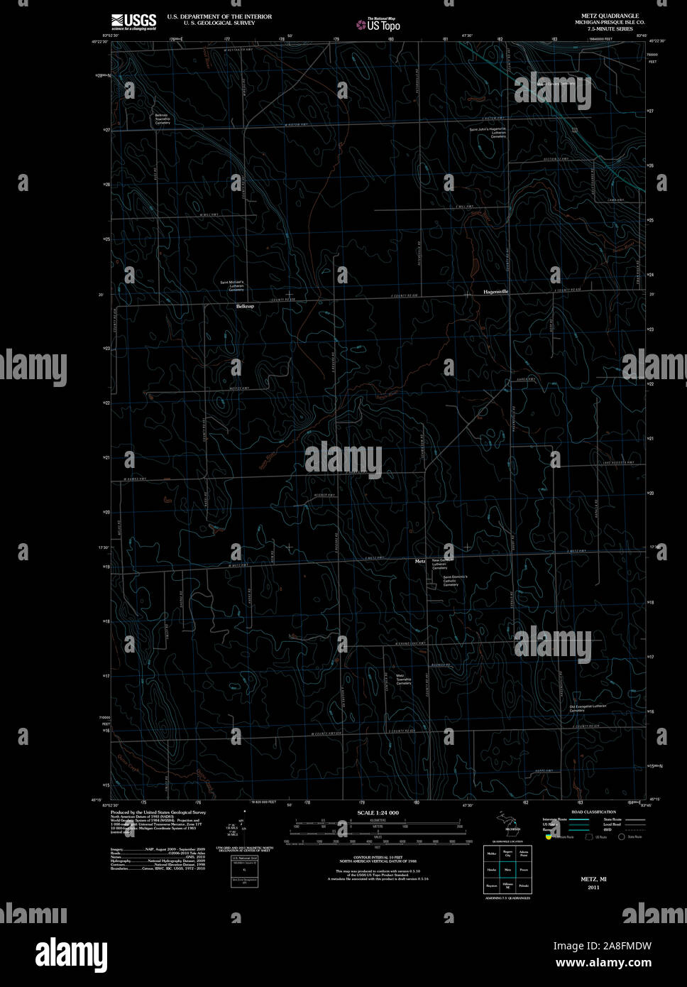 USGS TOPO Map Michigan MI Metz 20111004 TM Inverted Stock Photo - Alamy