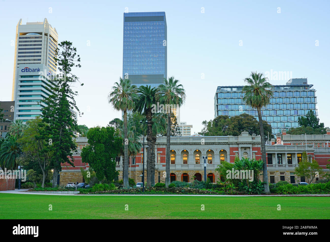 PERTH, AUSTRALIA -1 JUL 2019- Sunset view of the cityscape skyline of ...