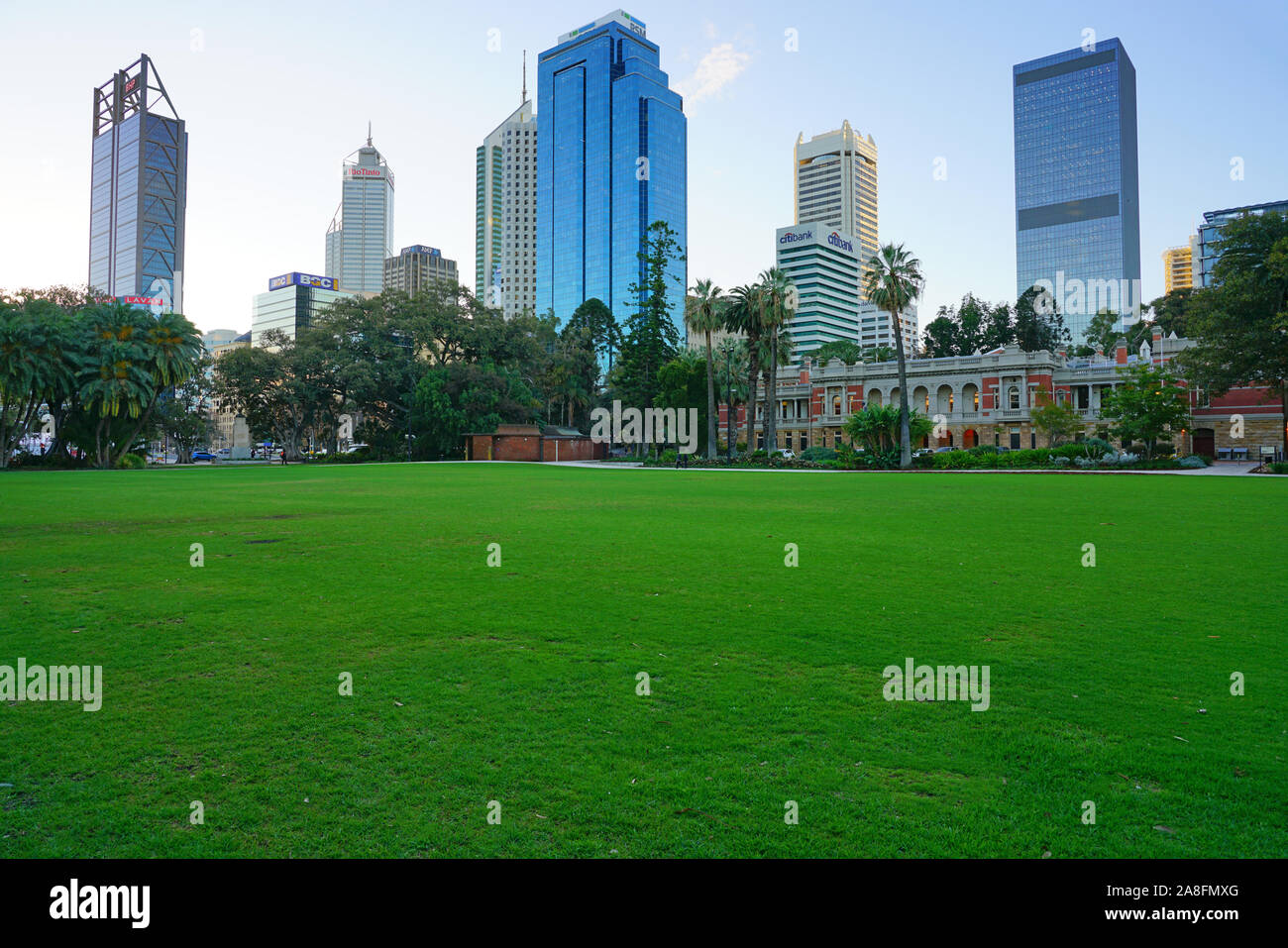 PERTH, AUSTRALIA -1 JUL 2019- Sunset view of the cityscape skyline of ...