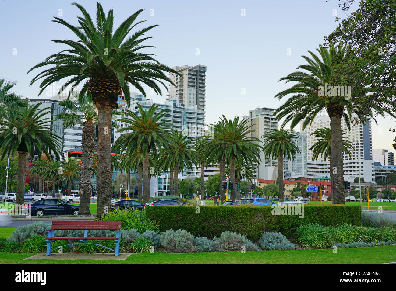 PERTH, AUSTRALIA -1 JUL 2019- Sunset view of the cityscape skyline of ...