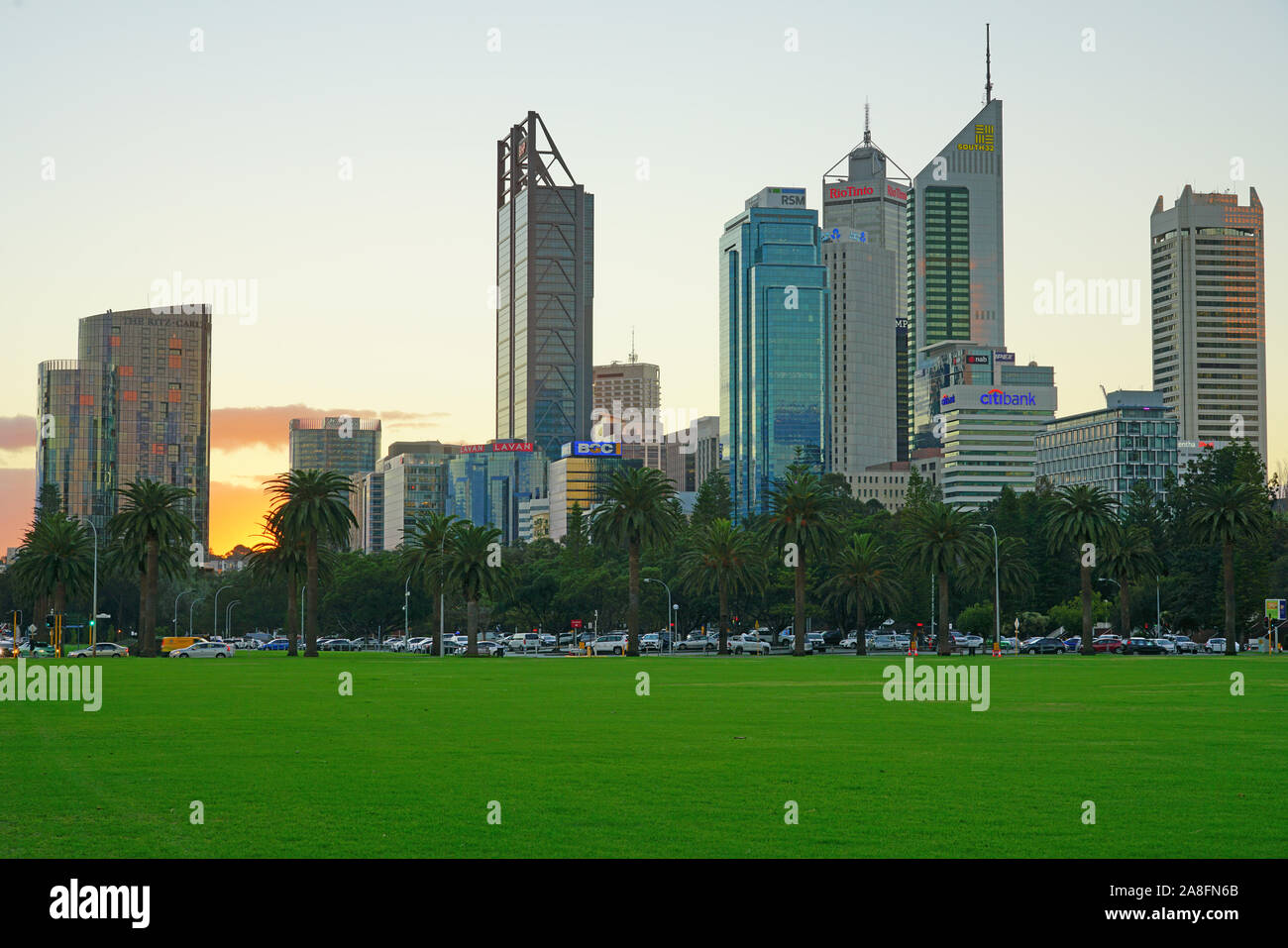 PERTH, AUSTRALIA -1 JUL 2019- Sunset view of the cityscape skyline of ...