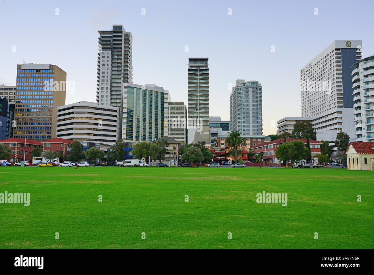 PERTH, AUSTRALIA -1 JUL 2019- Sunset view of the cityscape skyline of ...