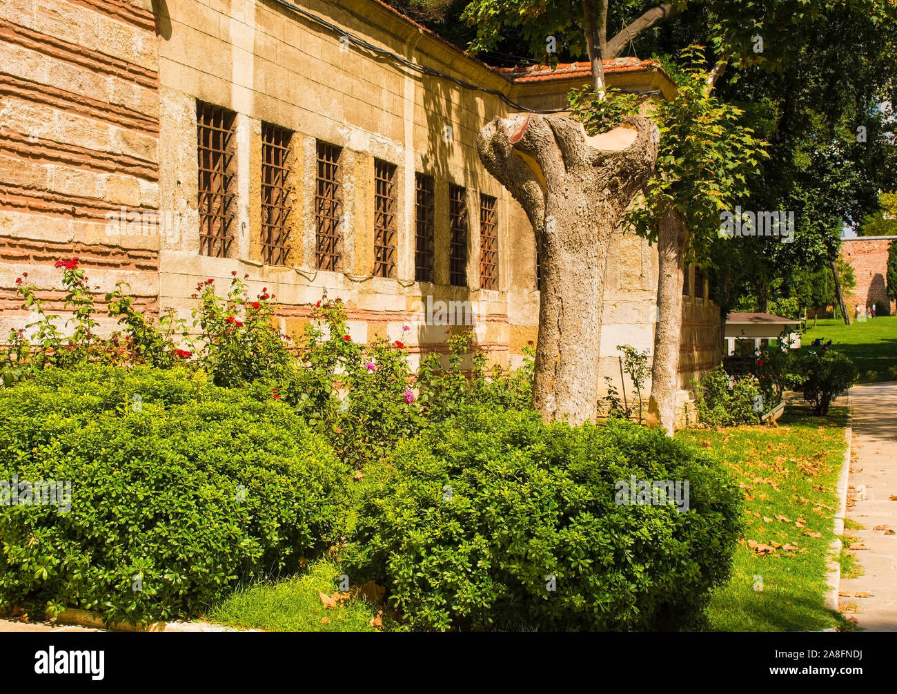 A wall in the first courtyard of Topkapi Palace in Istanbul, Turkey ...