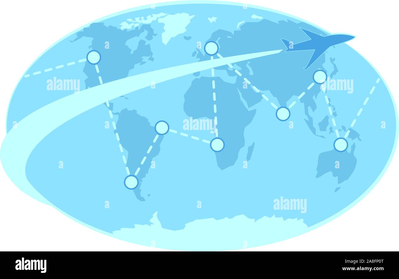 Flight travel world map illustration. Business trip design. Flat ...