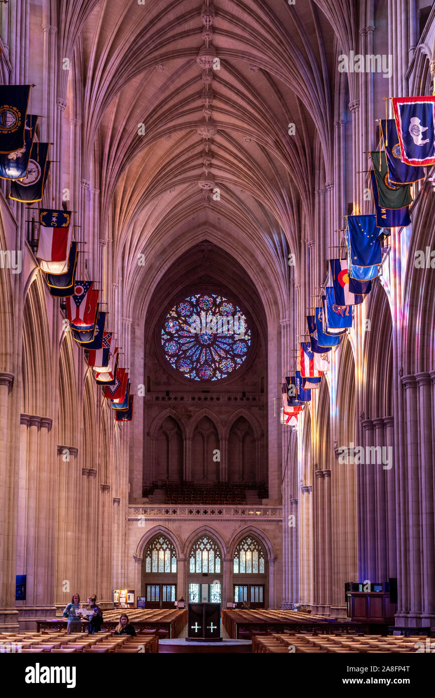 Washington, DC - 4 November 2019: Sunbeams from the stained glass ...