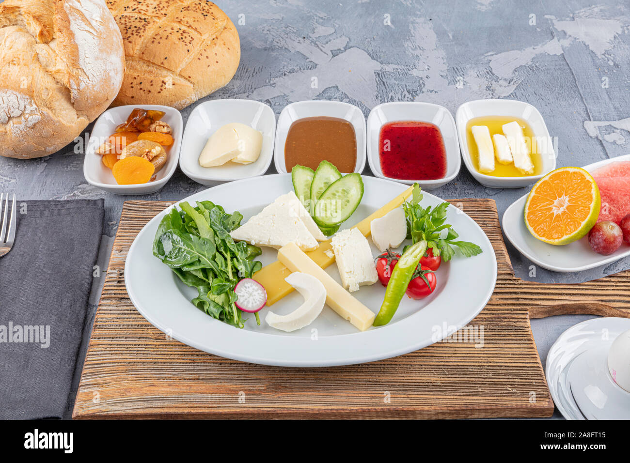 Turkish style breakfast; Traditional Turkish breakfast platter on the ...