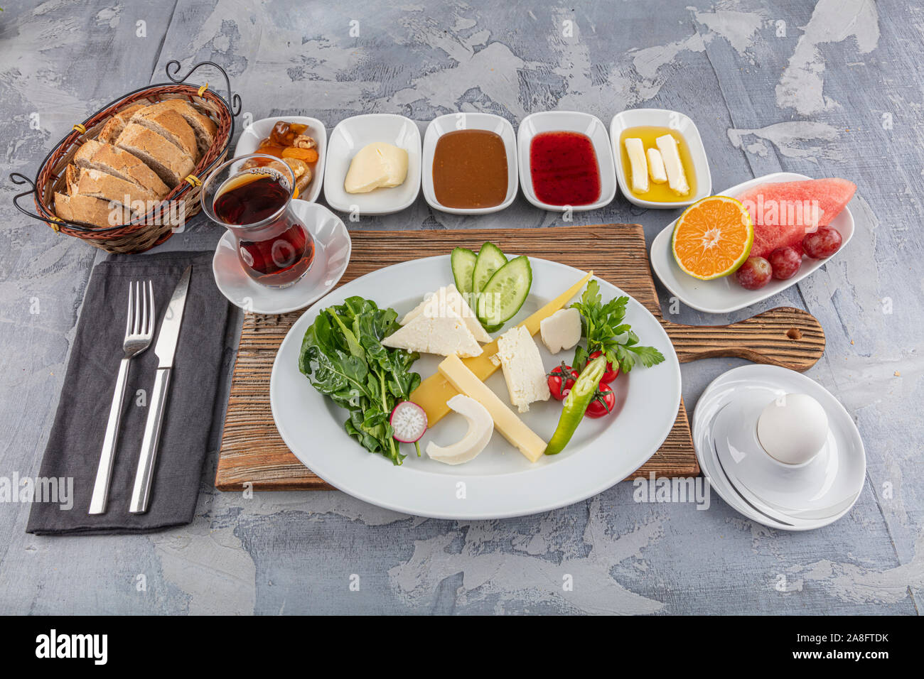 Turkish style breakfast; Traditional Turkish breakfast platter on the ...