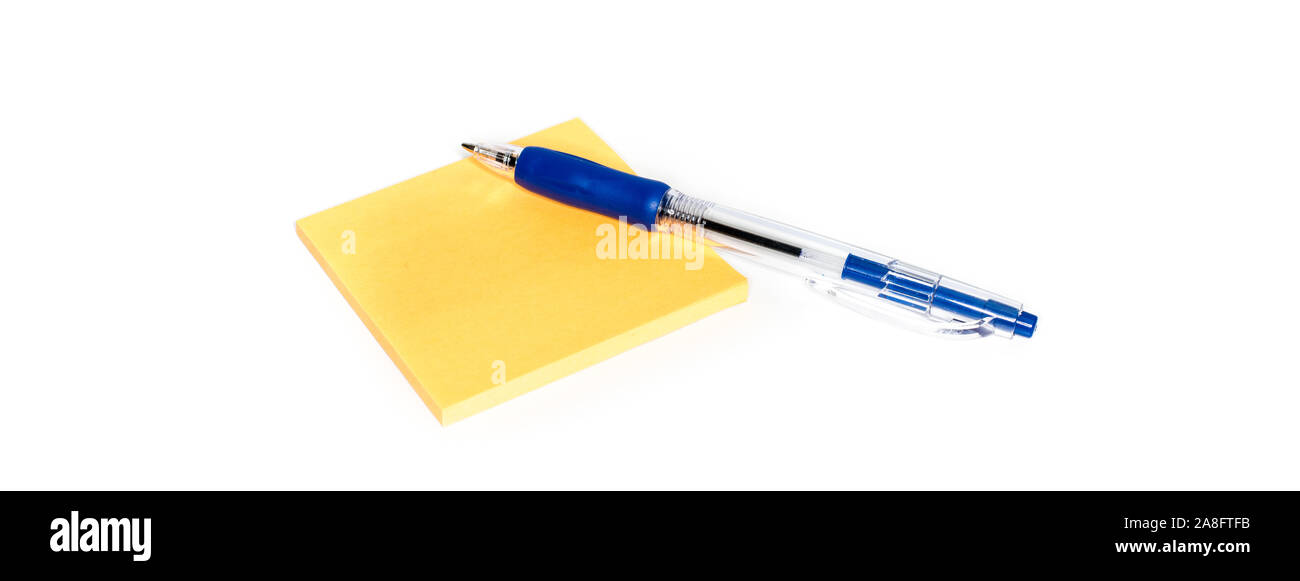 Yellow sticky notes and blue pen isolated on white background Stock ...