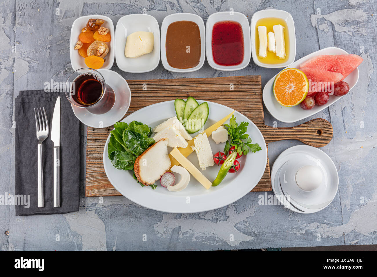 Turkish style breakfast; Traditional Turkish breakfast platter on the ...